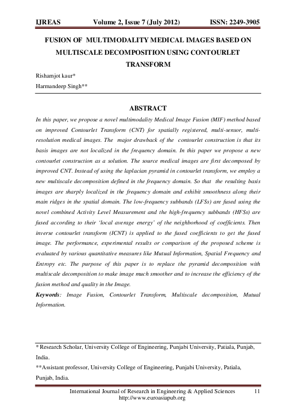 (PDF) FUSION OF MULTIMODALITY MEDICAL IMAGES BASED ON MULTISCALE DECOMPOSITION USING CONTOURLET ...