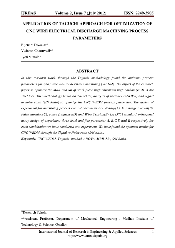 (PDF) APPLICATION OF TAGUCHI APPROACH FOR OPTIMIZATION OF CNC WIRE ELECTRICAL DISCHARGE ...