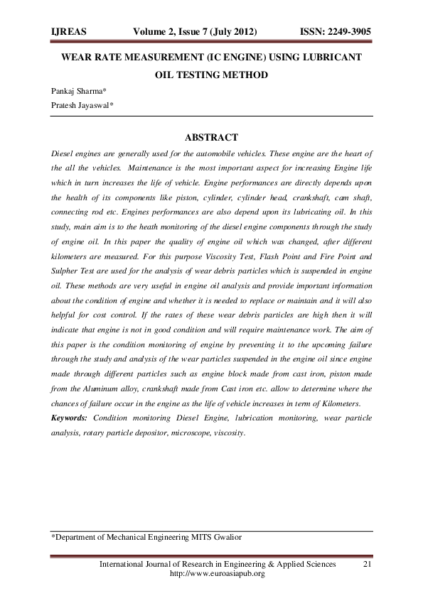 (PDF) WEAR RATE MEASUREMENT (IC ENGINE) USING LUBRICANT OIL TESTING METHOD