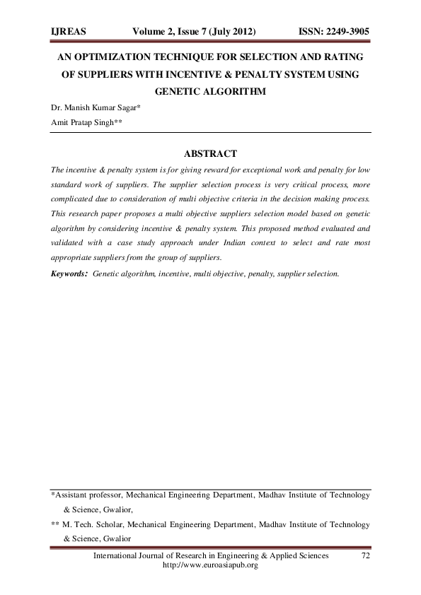 (PDF) AN OPTIMIZATION TECHNIQUE FOR SELECTION AND RATING OF SUPPLIERS ...