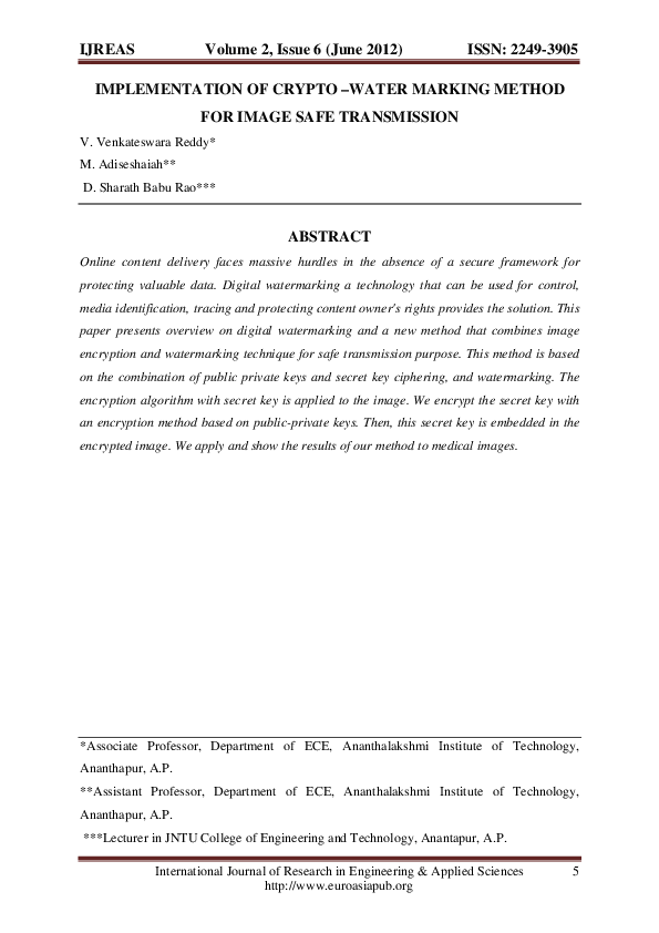 (PDF) IMPLEMENTATION OF CRYPTO –WATER MARKING METHOD FOR IMAGE SAFE TRANSMISSION