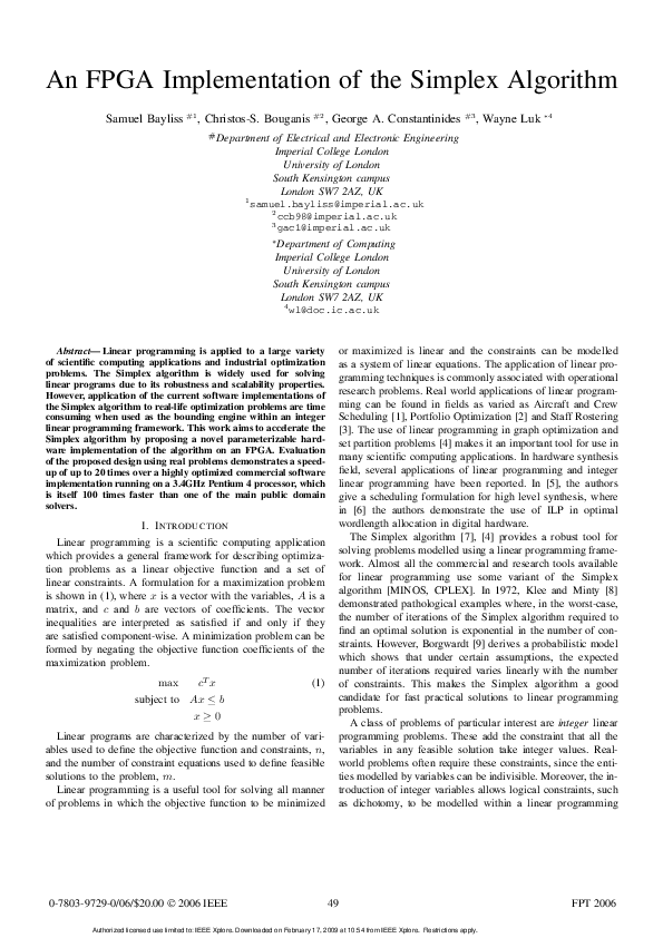 Pdf An Fpga Implementation Of The Simplex Algorithm