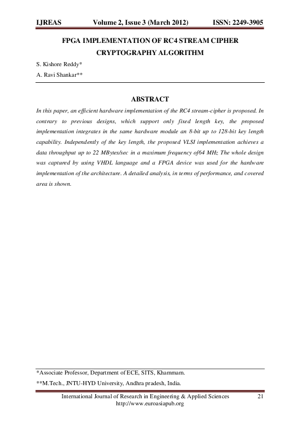 Pdf Fpga Implementation Of Rc4 Stream Cipher Cryptography Algorithm 