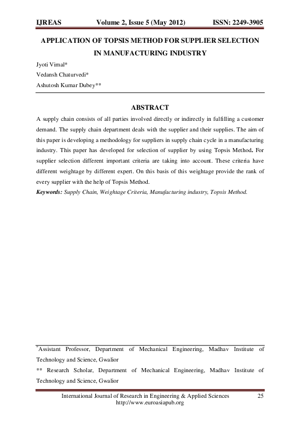 Pdf Application Of Topsis Method For Supplier Selection In Manufacturing Industry