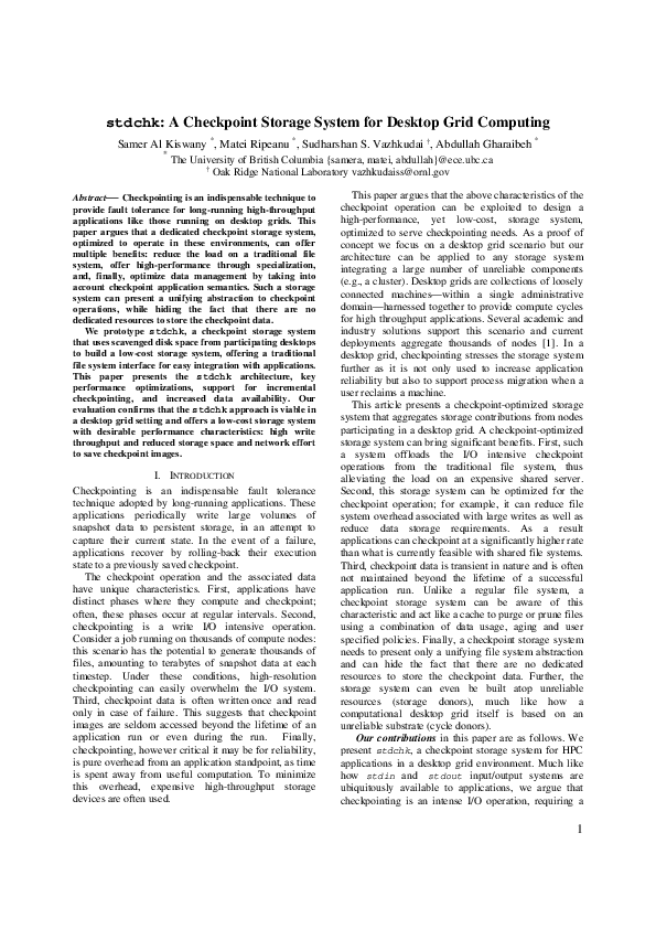 (PDF) stdchk: A Checkpoint Storage System for Desktop Grid Computing