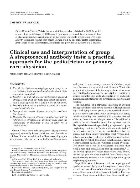 (PDF) 2002. Clinical use and interpretation of strep serology, PIDJ