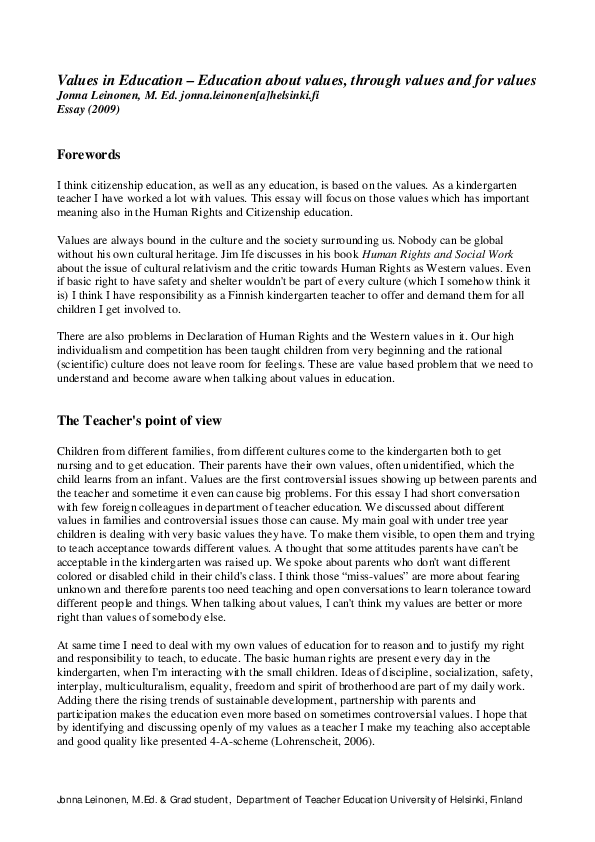 (PDF) Values in Education – Education about values, through values and ...