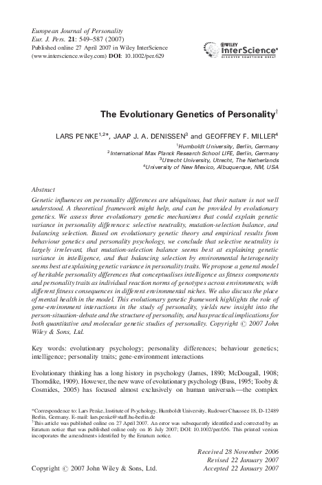 (PDF) The Evolutionary Genetics of Personality