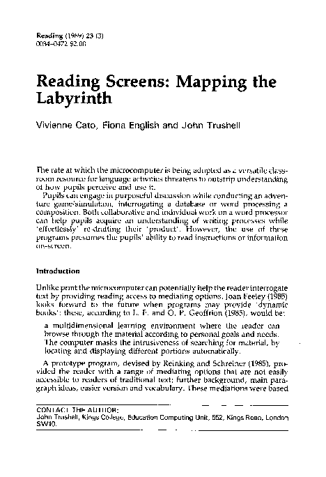 (PDF) Reading screens: mapping the labyrinth (1989!) | Fiona English ...