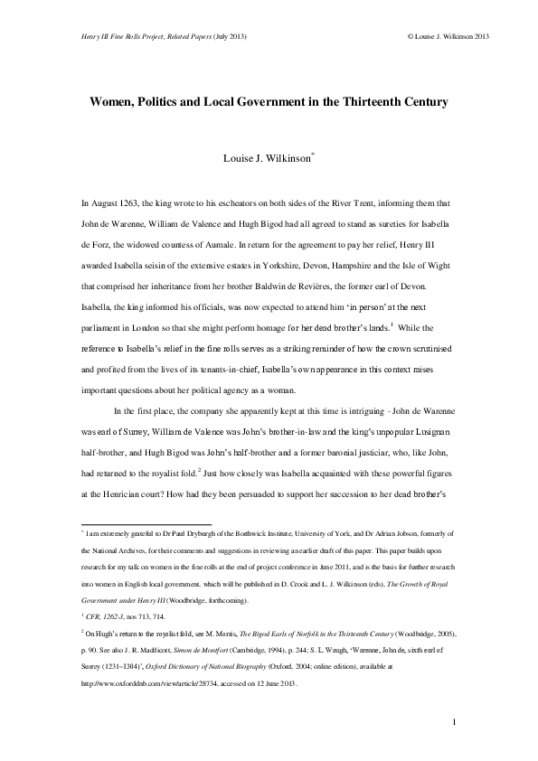 (PDF) 'Women, Politics and Local Government in the Thirteenth Century ...