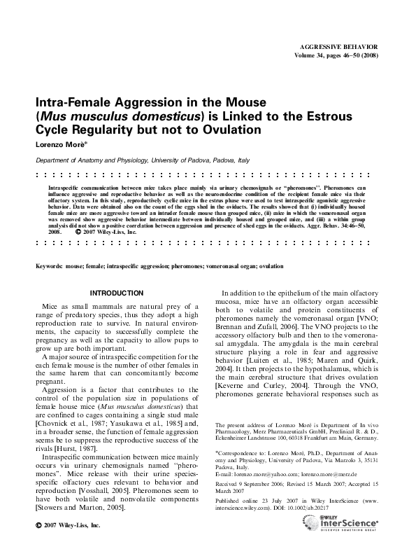 (PDF) Intra-Female Aggression In the Mouse (Mus Musculus Domesticus) is ...