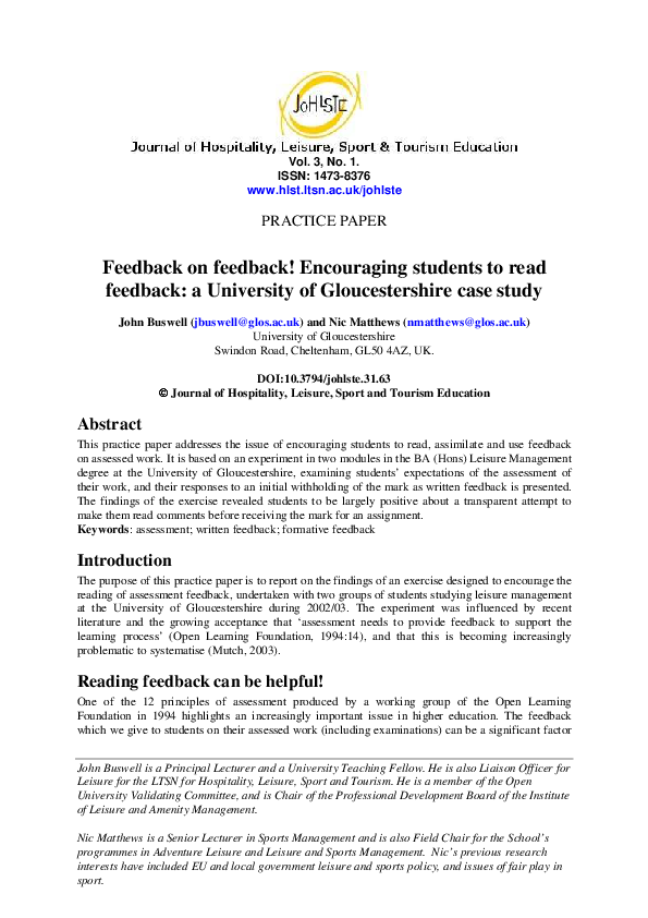 (PDF) Feedback on Feedback! Encouraging Students to Read Feedback: a ...