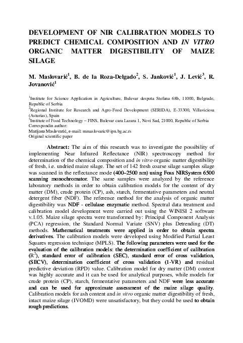 (PDF) DEVELOPMENT OF NIR CALIBRATION MODELS TO PREDICT CHEMICAL COMPOSITION AND IN VITRO ORGANIC ...