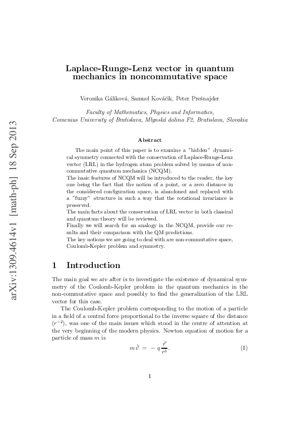 (PDF) Laplace-Runge-Lenz vector in quantum mechanics in noncommutative ...