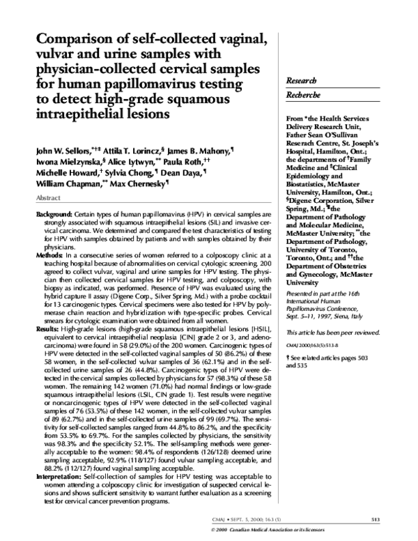 (PDF) Comparison of self-collected vaginal, vulvar and urine samples with physician-collected ...