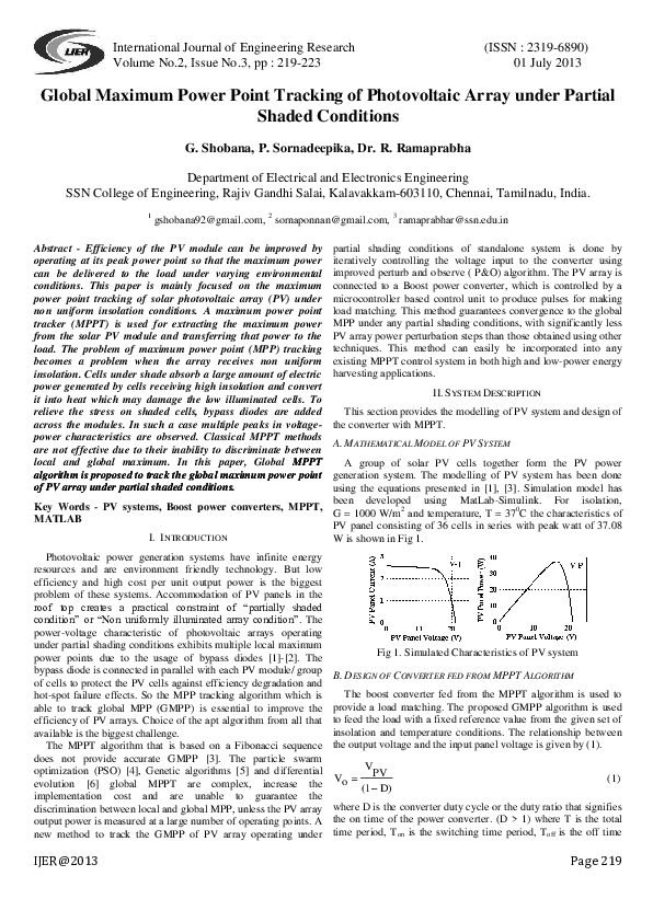 (PDF) Global Maximum Power Point Tracking of Photovoltaic Array under Partial Shaded Conditions
