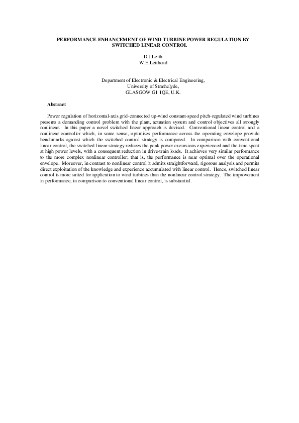 Pdf Performance Enhancement Of Wind Turbine Power Regulation By Switched Linear Control