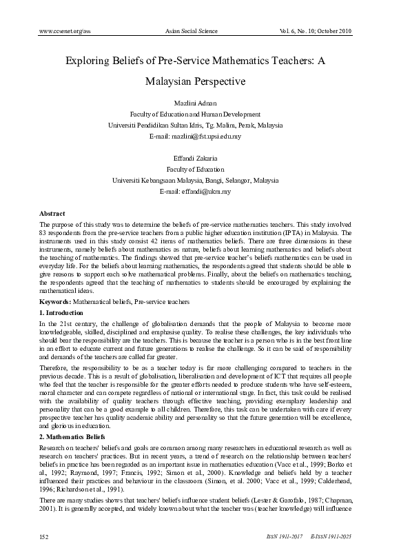 (PDF) Exploring Beliefs of Pre-Service Mathematics Teachers: A ...