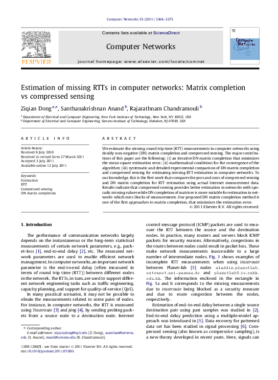 Pdf Estimation Of Missing Rtts In Computer Networks Matrix Completion Vs Compressed Sensing