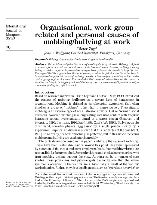 (PDF) Organisational, work group related and personal causes of mobbing/bullying at work