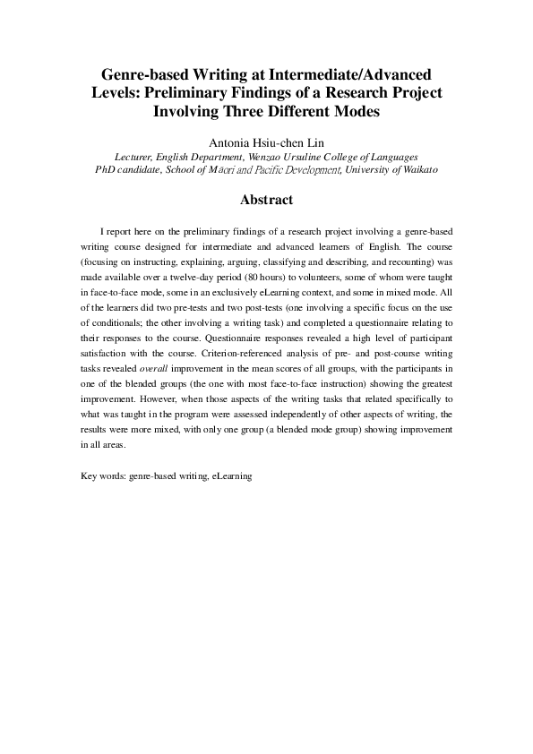 (PDF) Genre-based Writing at Intermediate/Advanced Levels: Preliminary ...