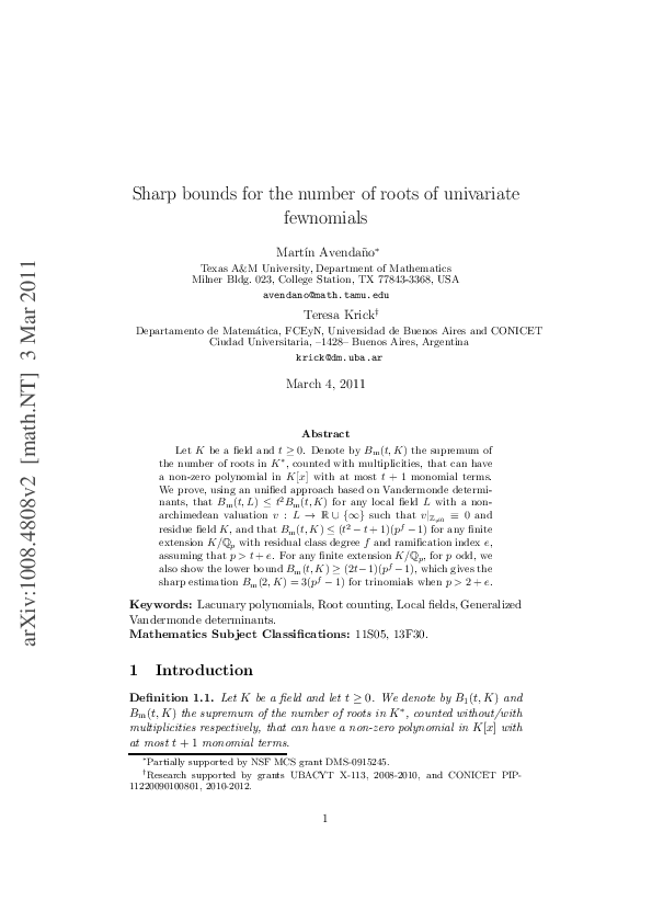 (PDF) Sharp bounds for the number of roots of univariate fewnomials
