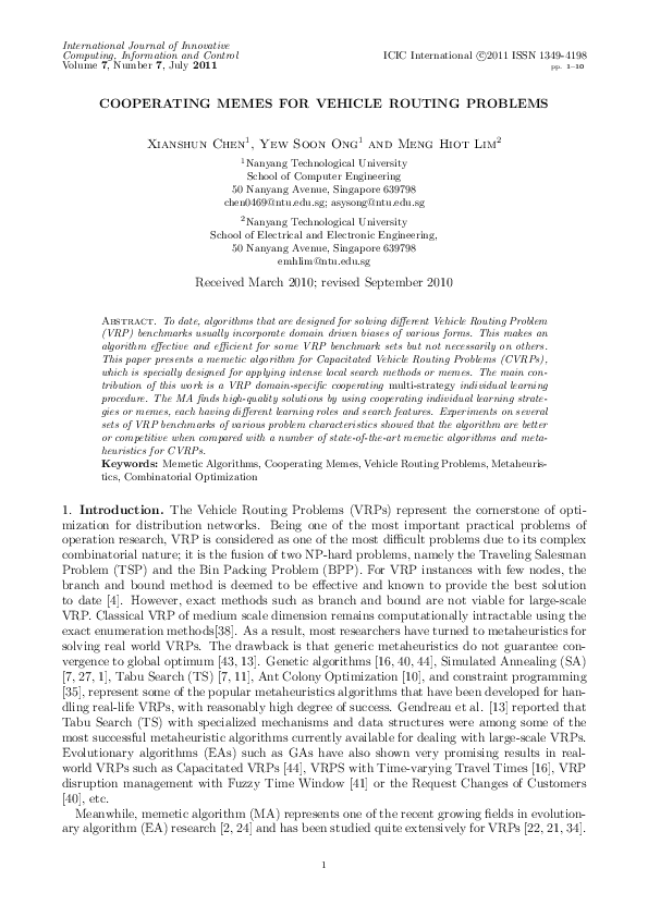 (PDF) Cooperating memes for vehicle routing problems