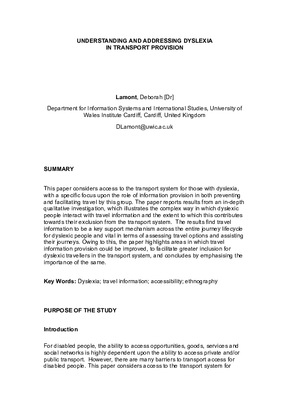 (DOC) Understanding and Addressing Dyslexia In TRANSPORT Provision