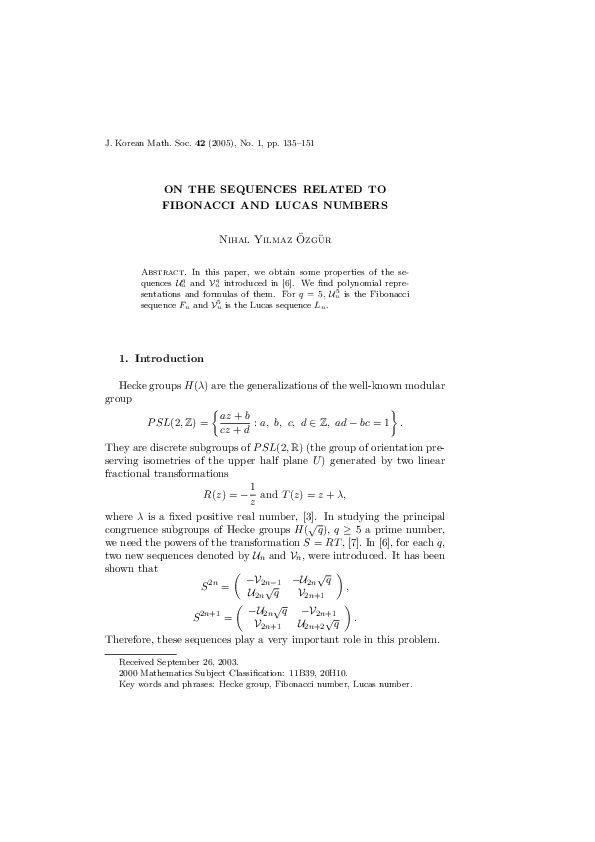 Pdf On The Sequences Related To Fibonacci And Lucas Numbers