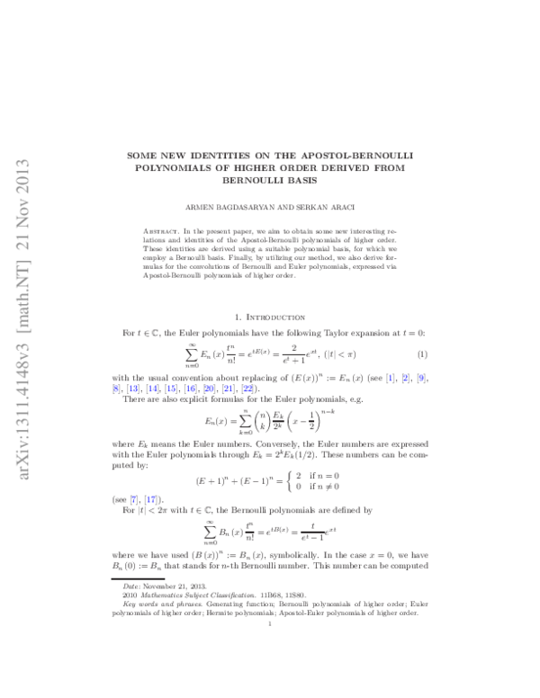 Pdf Apostol Bernoulli Polynomial Identities
