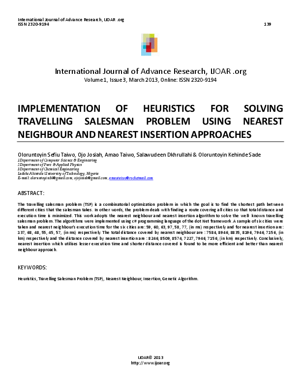 Pdf Implementation Of Heuristics For Solving Travelling Salesman Problem Using Nearest