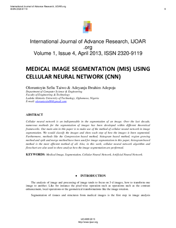 (PDF) MEDICAL IMAGE SEGMENTATION (MIS) USING CELLULARNEURALNETWORK (CNN)