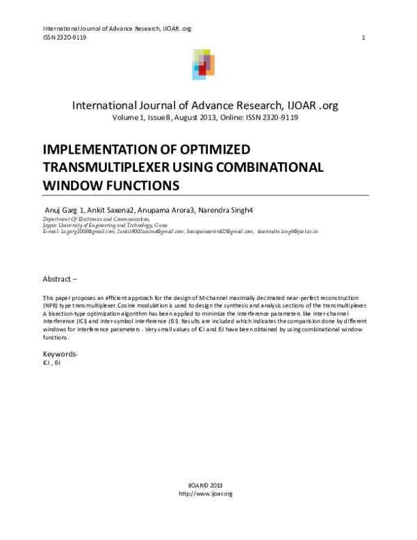 Pdf Implementation Of Optimized Transmultiplexer Using Combinational Window Functions