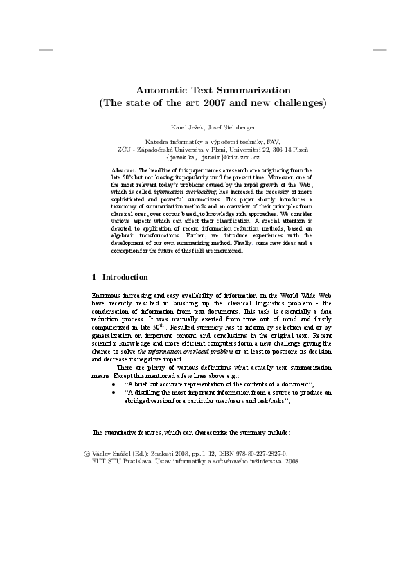 (PDF) Automatic Text Summarization (The state of the art 2007 and new challenges