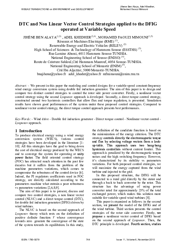 (PDF) DTC and Non Linear Vector Control Strategies applied to the DFIG operated at Variable Speed