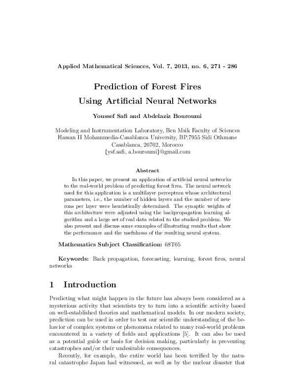 (PDF) Prediction of forest fires using Artificial neural networks