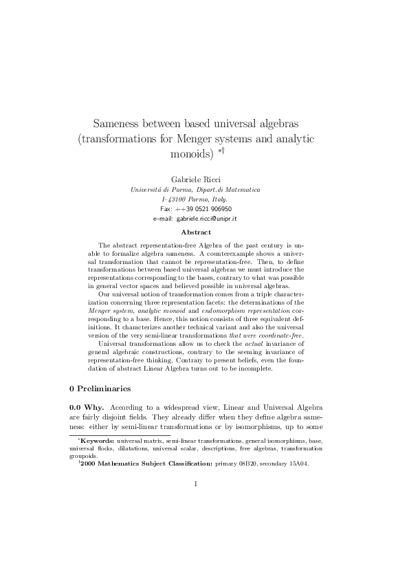 (PDF) Sameness between based universal algebras (transformations for Menger systems and analytic ...