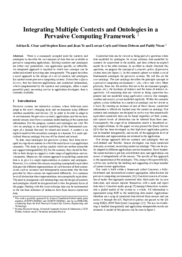 Pdf Integrating Multiple Contexts And Ontologies In A Pervasive Computing Framework 1