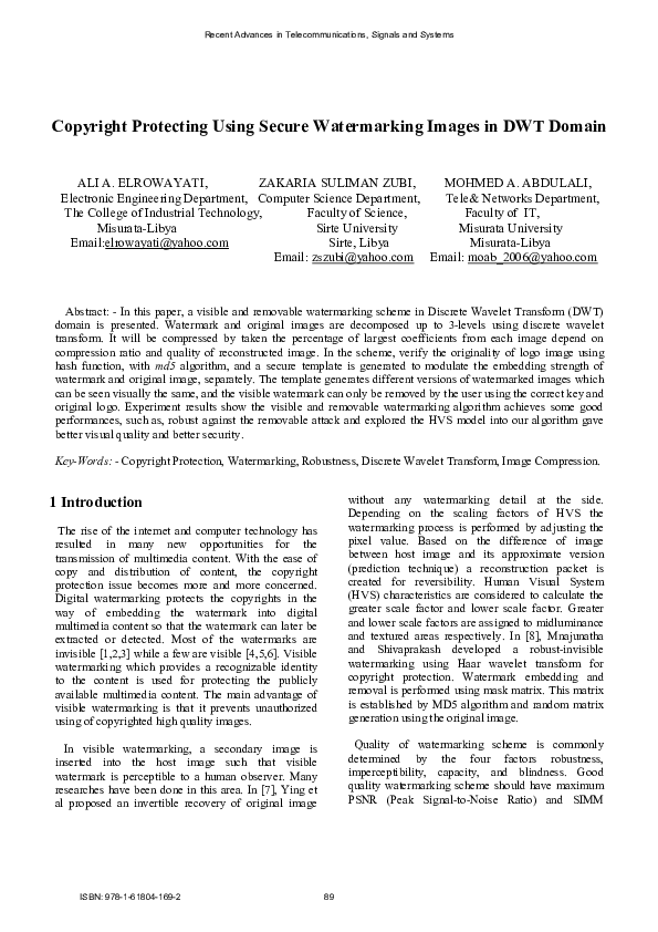 Pdf Copyright Protecting Using Secure Watermarking Images In Dwt Domain