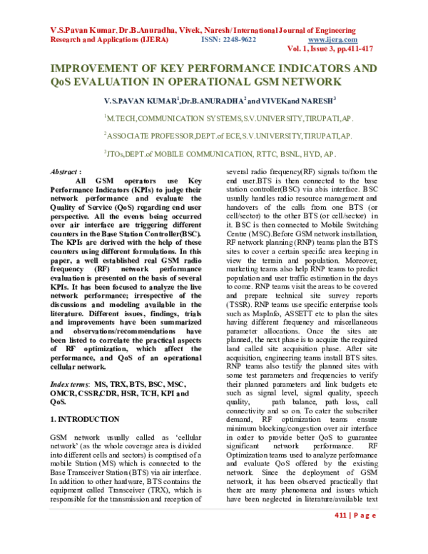 (PDF) IMPROVEMENT OF KEY PERFORMANCE INDICATORS AND QoS EVALUATION IN OPERATIONAL GSM NETWORK