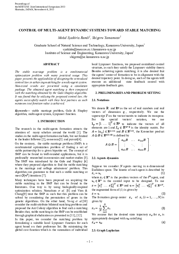 (PDF) Control of Multi-agent Dynamic Systems Toward Stable Matching