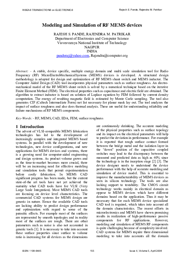 Pdf Modeling And Simulation Of Rf Mems Devices
