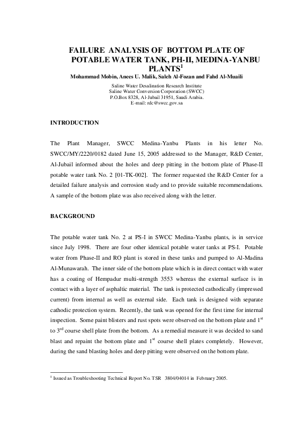 (PDF) FAILURE ANALYSIS OF BOTTOM PLATE OF POTABLE WATER TANK, PH-II ...