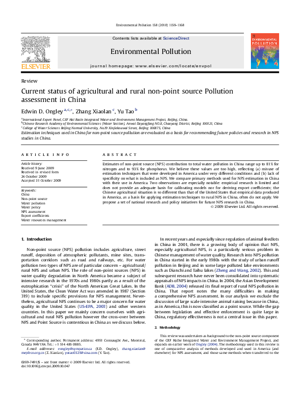 (PDF) Current status of agricultural and rural non-point source Pollution assessment in China
