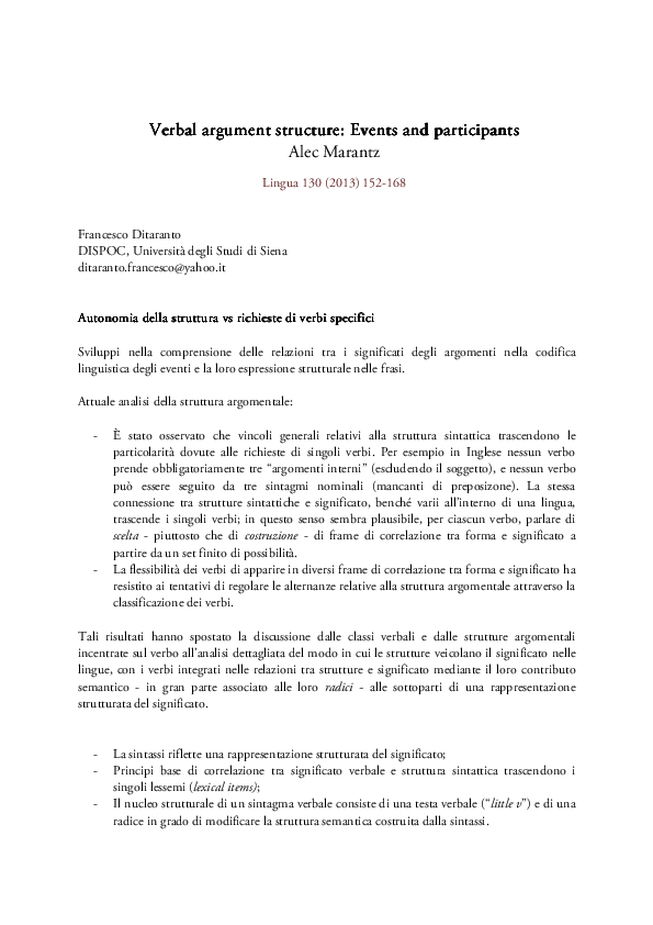 (PDF) A. Marantz, Verbal argument structure. Events and participants