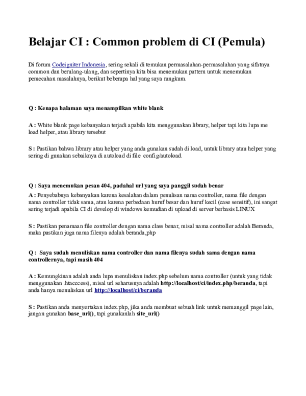 (PDF) Belajar Codeigniter : Common problem di Codeigniter (Pemula)