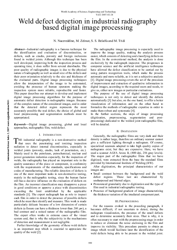 Pdf Weld Defect Detection In Industrial Radiography Based Digital Image Processing