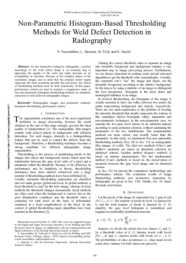 Pdf Non Parametric Histogram Based Thresholding Methods For Weld Defect Detection In Radiography
