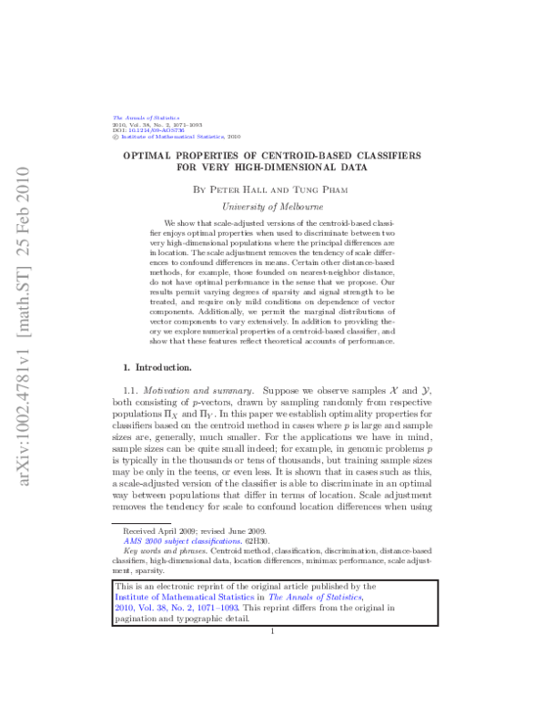 Pdf Optimal Properties Of Centroid Based Classifiers For Very High Dimensional Data Tung