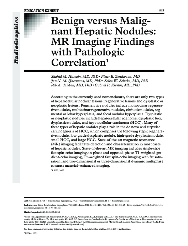 (PDF) Benign versus malignant hepatic nodules: MR imaging findings with ...